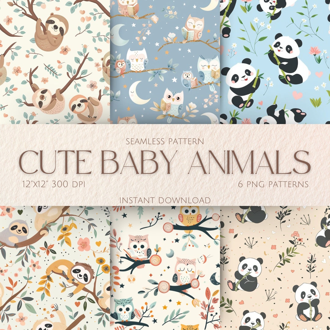 6 SEAMLESS Baby Animals PATTERNS Cute Baby Sloth, Owl, Panda Designs ...