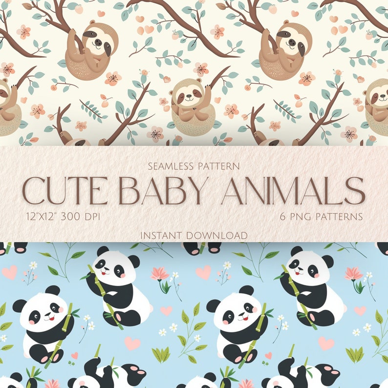 6 SEAMLESS Baby Animals PATTERNS Cute Baby Sloth, Owl, Panda Designs ...