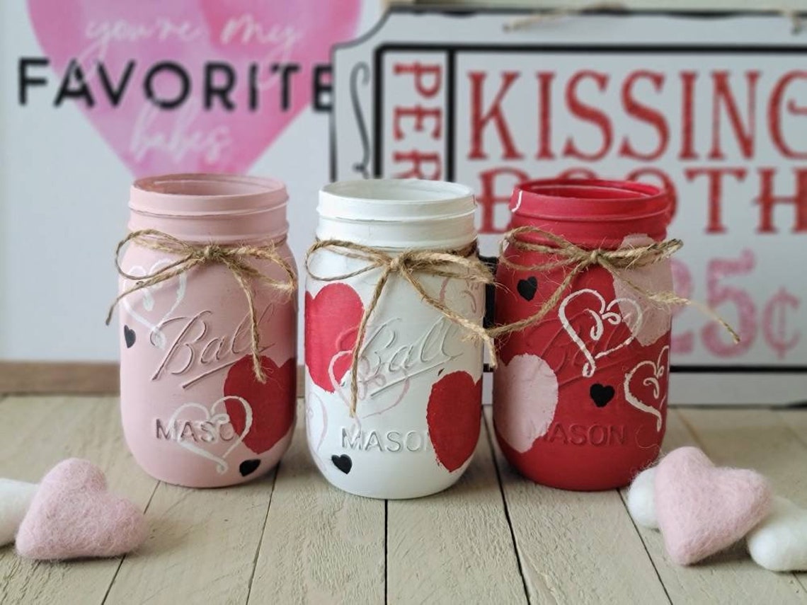 Set of 3 Valentine's Day Mason Jar Centerpiece Mason Jar - Etsy