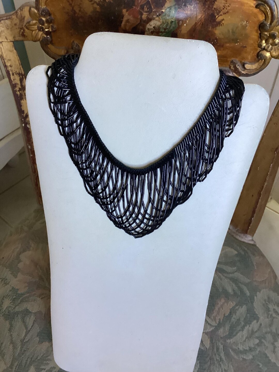 Art Deco Black Glass Bugle Beaded Waterfall Cascade Bib Necklace ...
