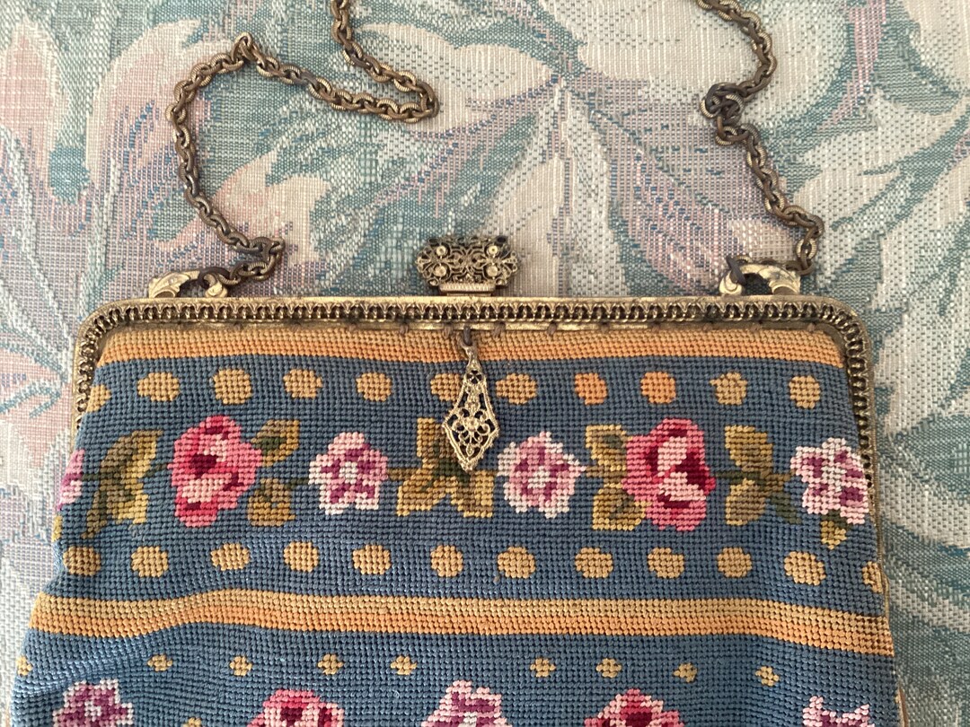 REDUCED Antique Petite Point, Suede and Silk Lined Purse With Silk ...