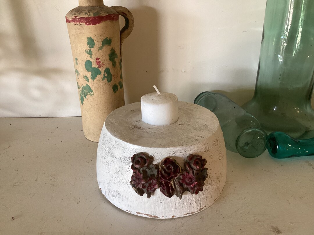 Antique Primitive Farmhouse Solid Wood Base Candle Holder With ...