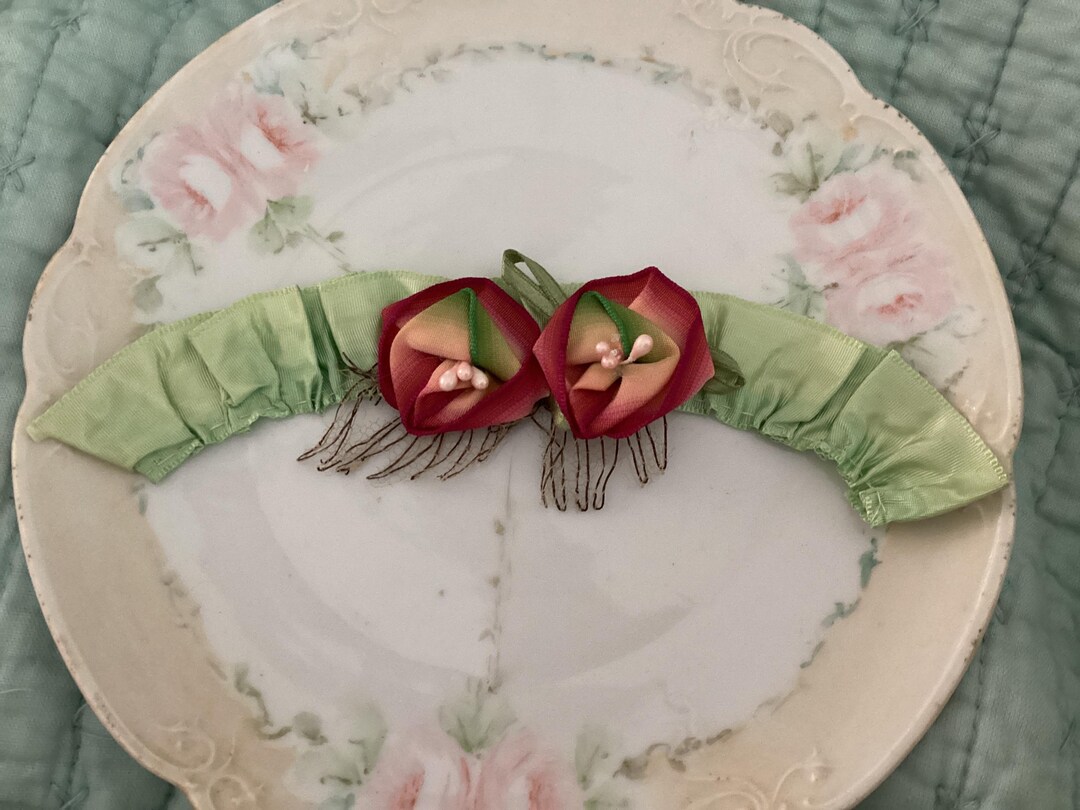 REDUCED! Lovely Satin Ruching Ribbon With 2 Ribbon Work Ombré Roses ...