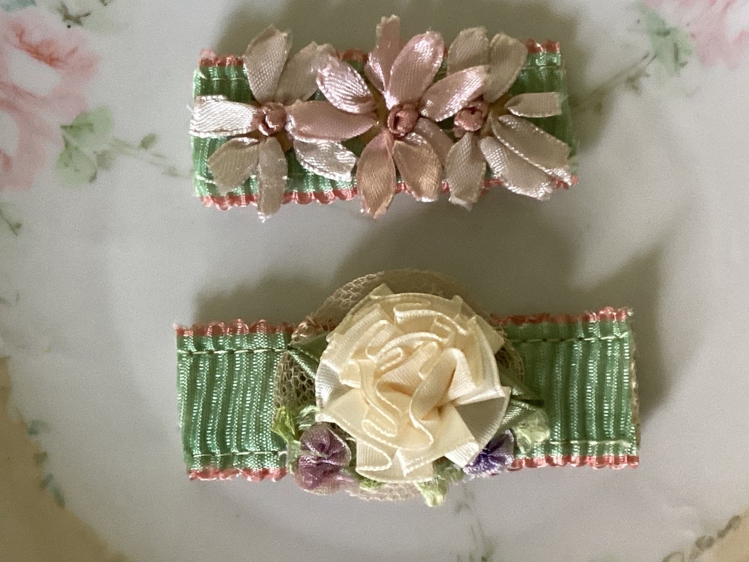 Vintage Ribbon Work Flowers on Silk Deco Garter Ribbon Ruching ...