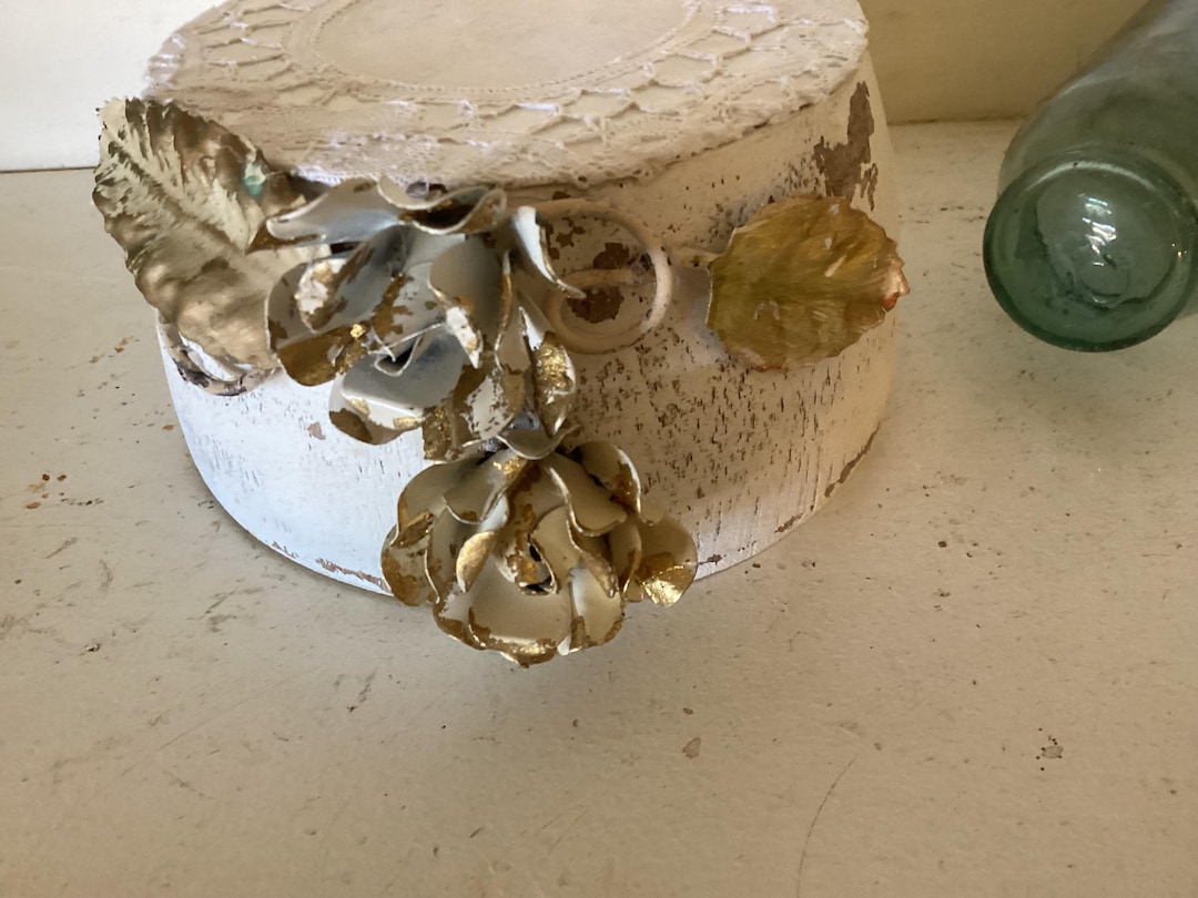 REDUCED! Old Shabby Chippy Chic Solid Wood Base, Tole Roses With Real ...