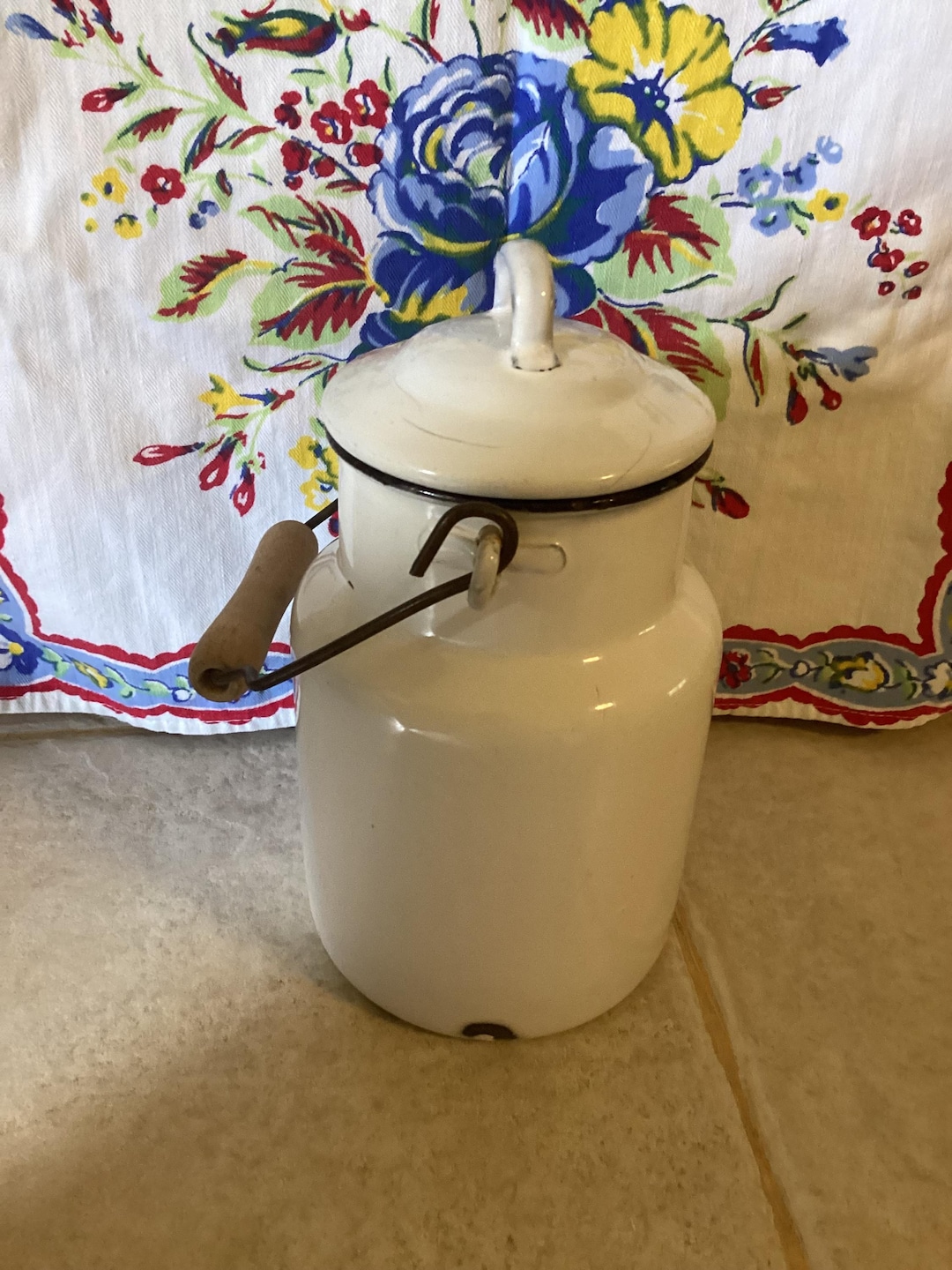 Antique Enamel Milk Jug, Bale Handle With Wood and Lid, 8” Tall and 4 ...