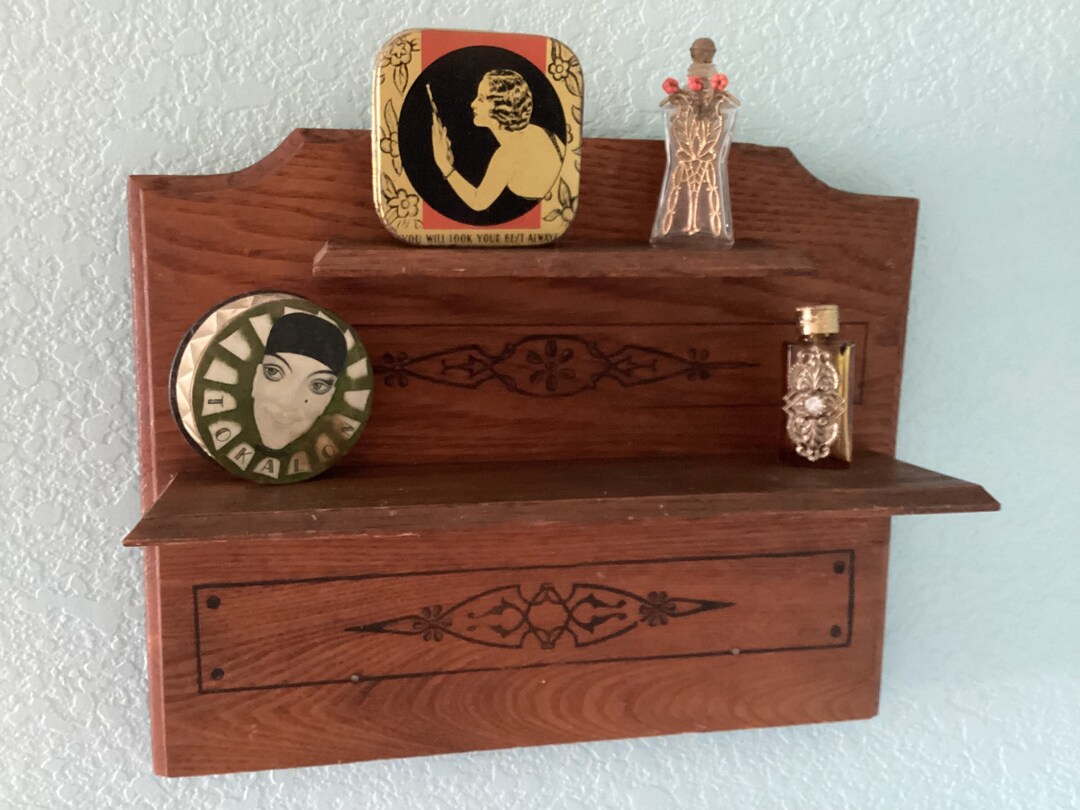 Antique Wood Shelf With Decorative Carved and Painted Designs in Black ...