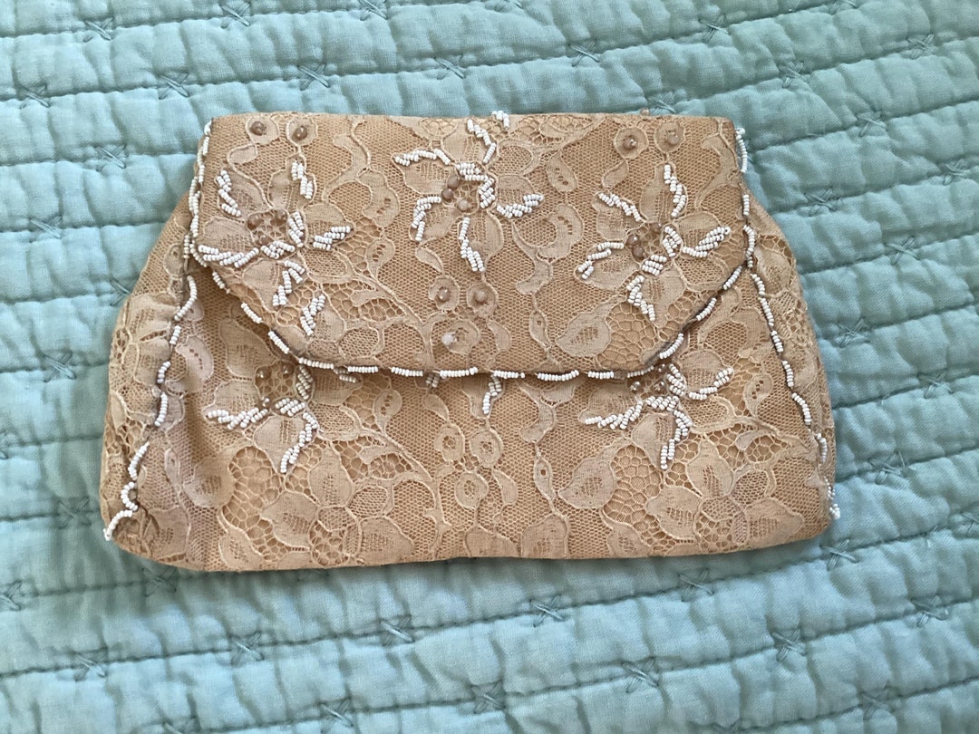 Vintage French Champagne Colored Lace and Micro Beaded Small Wrist ...