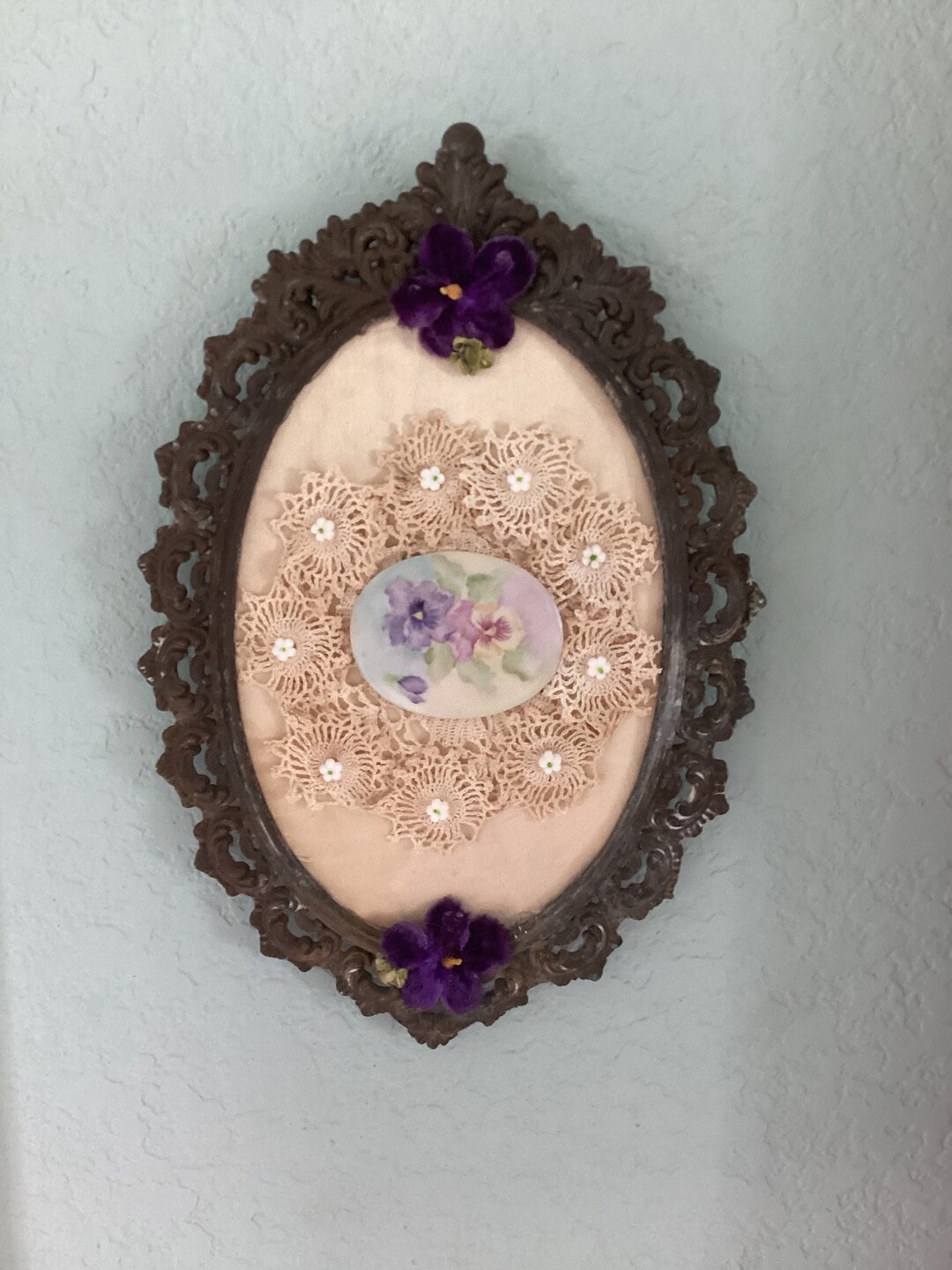 REDUCED! Victorian Wall Hanging in Decorative Brass Frame, All ...