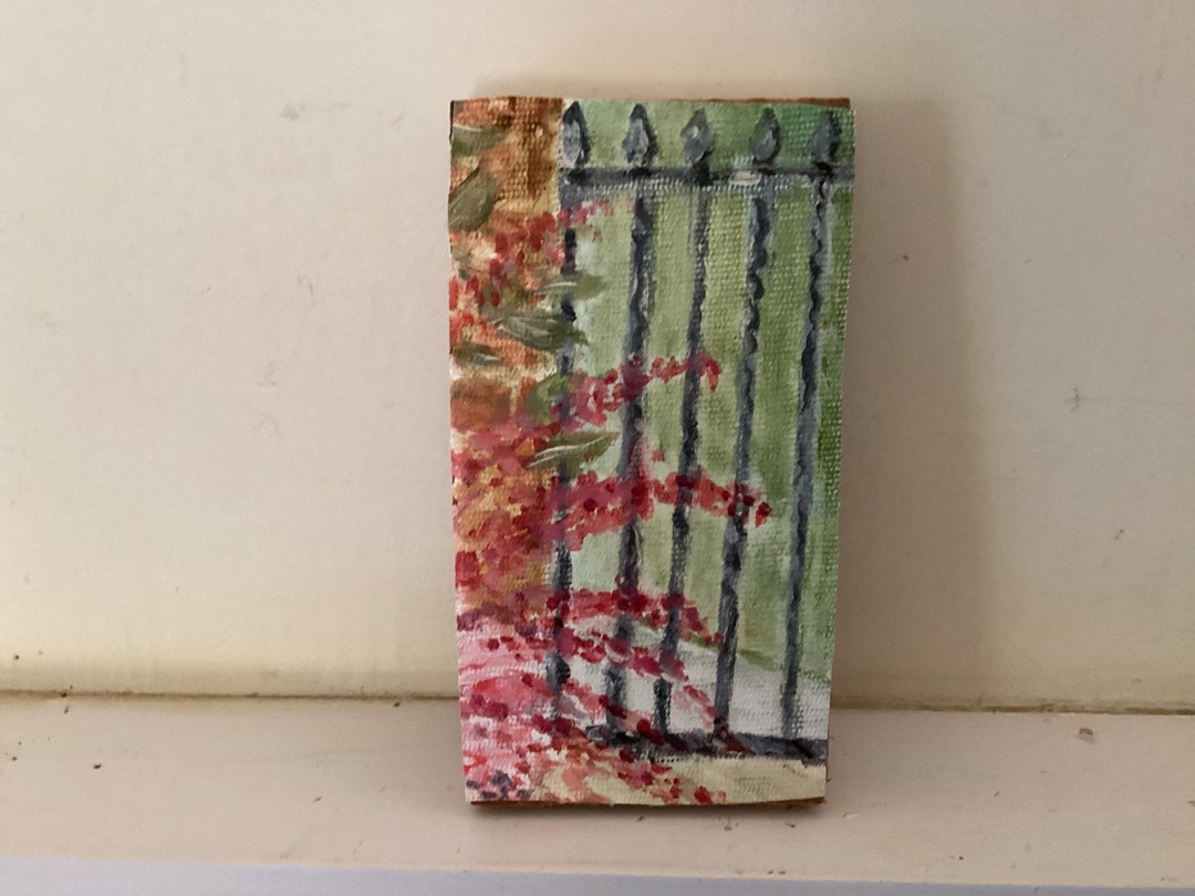 REDUCED! Vintage Painting Piece on Canvas Mounted on Wood, Iron Fence ...