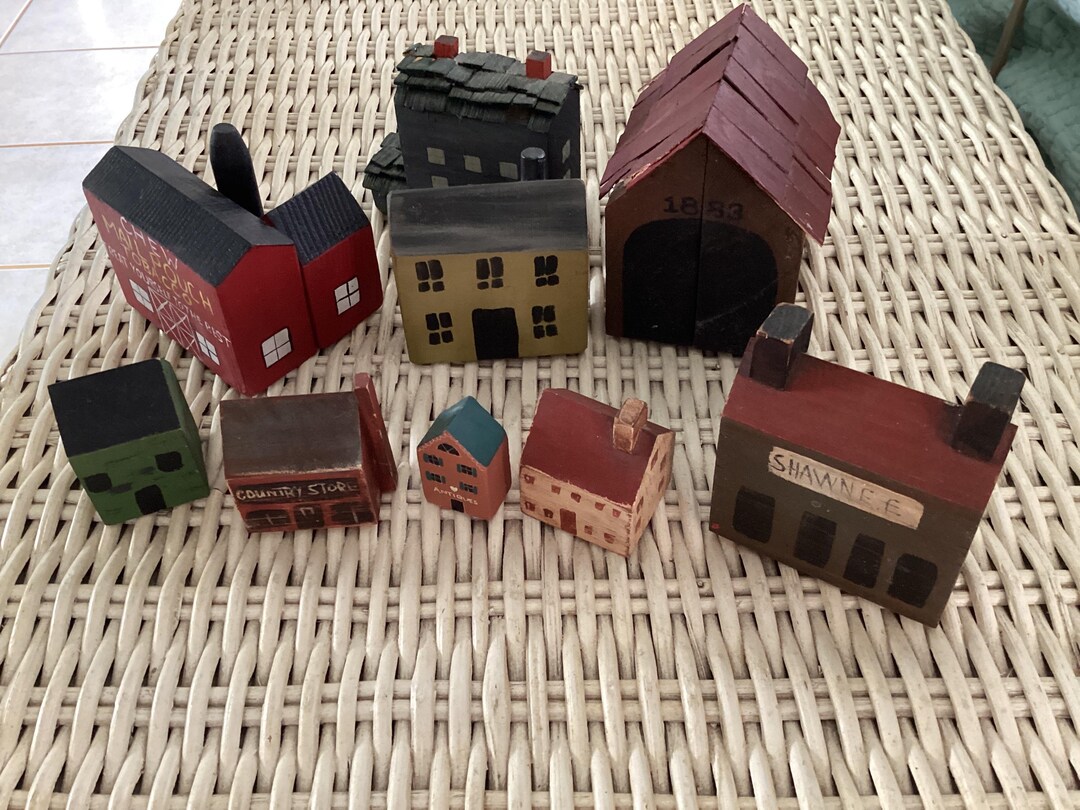 Antique Primitive Miniature Painted Wood Block Buildings, Town, 9 Pcs ...