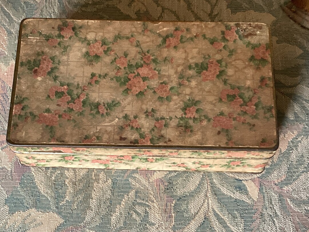 Antique, Deco Tin Chocolate Box Overlaid in Precious Rose Paper, Laurel ...