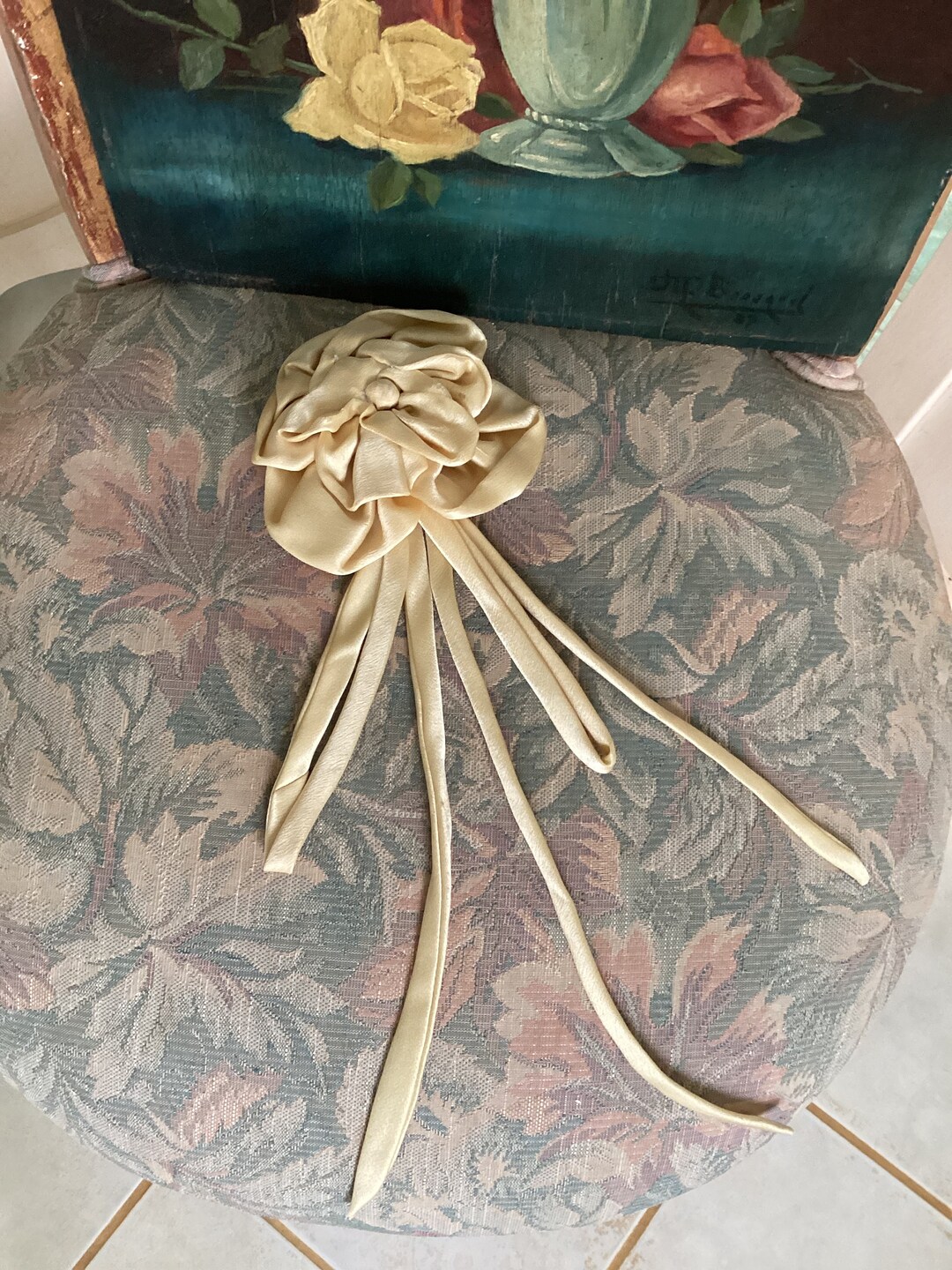 REDUCED! Art Deco Large Buttery Soft Yellow Silk Ribbon Work Rose With ...