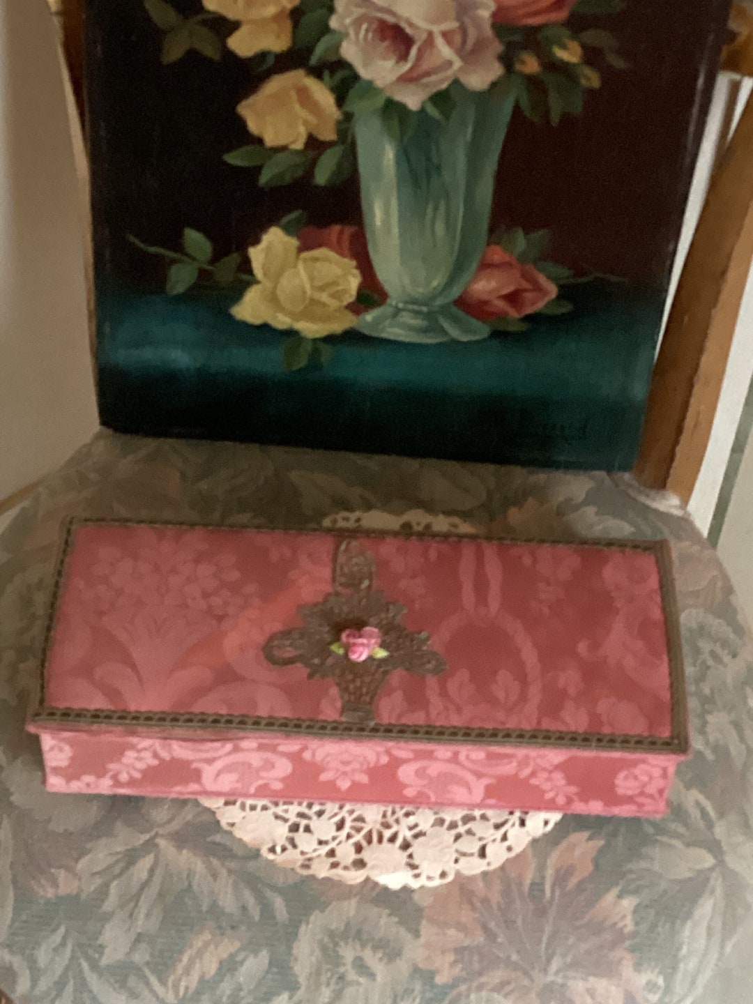 REDUCED! Antique French Pink Silk Damask Box, Metallic Trim, Metallic ...