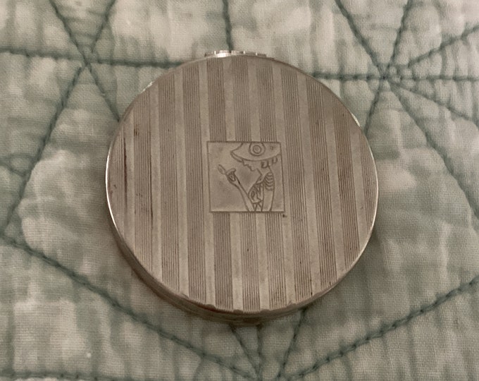REDUCED! French Art Deco TRE-JUR Powder Compact, Era Lady on Front, Mirror, Silk Puff With ...