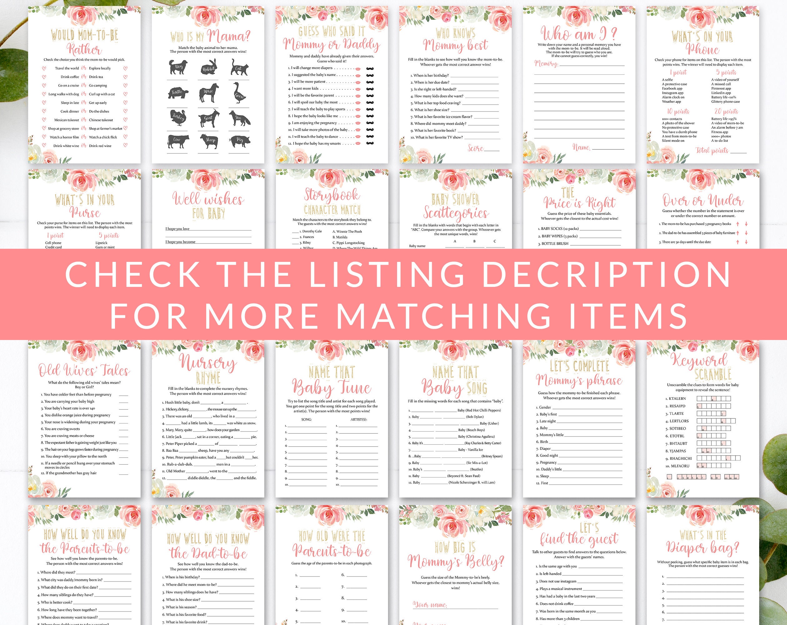 25 Baby Shower Games Printable for a Baby Girl Shower Floral | Etsy