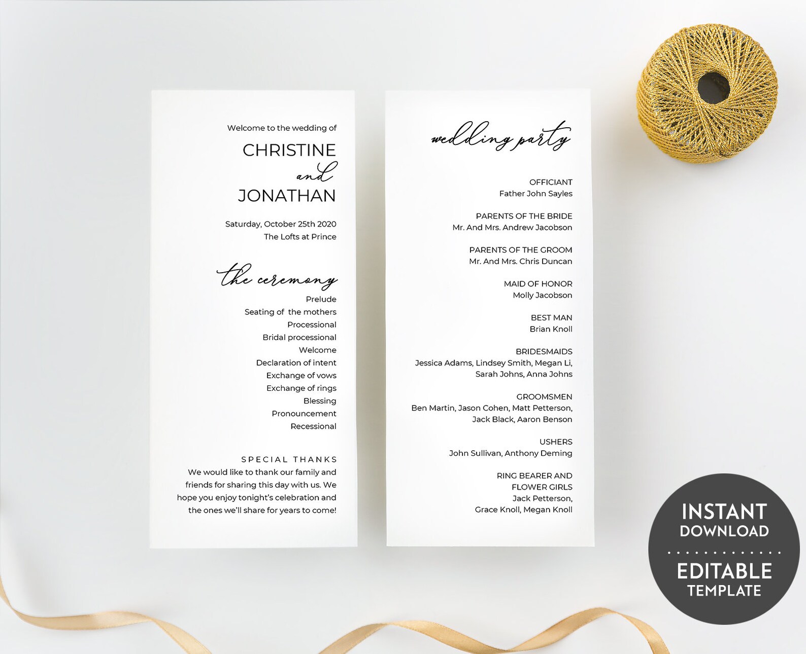 Minimalist Wedding Program Template Minimal Modern DIY | Etsy