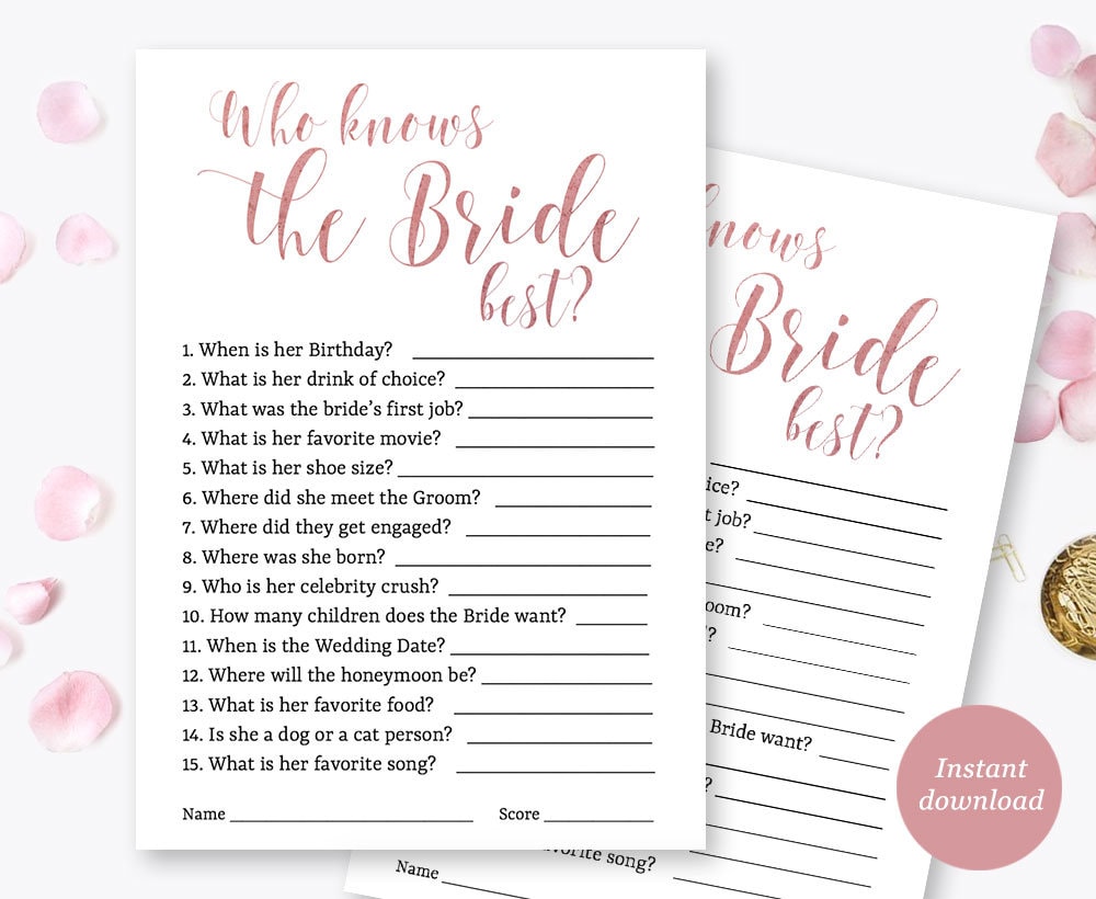 Who Knows The Bride Best Bridal Shower Game Printable Game Etsy