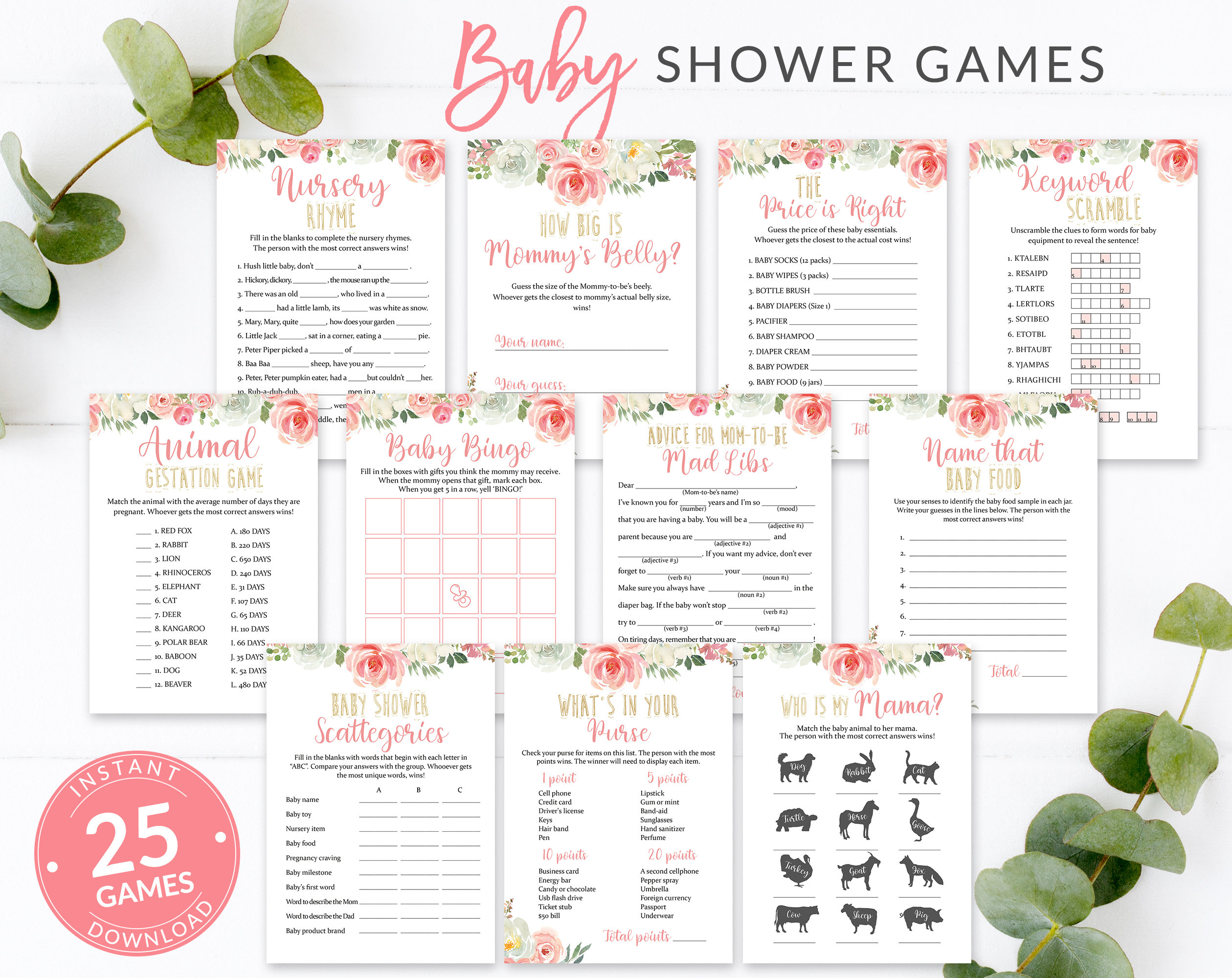25 Baby Shower Games Printable for a Baby Girl Shower Floral | Etsy