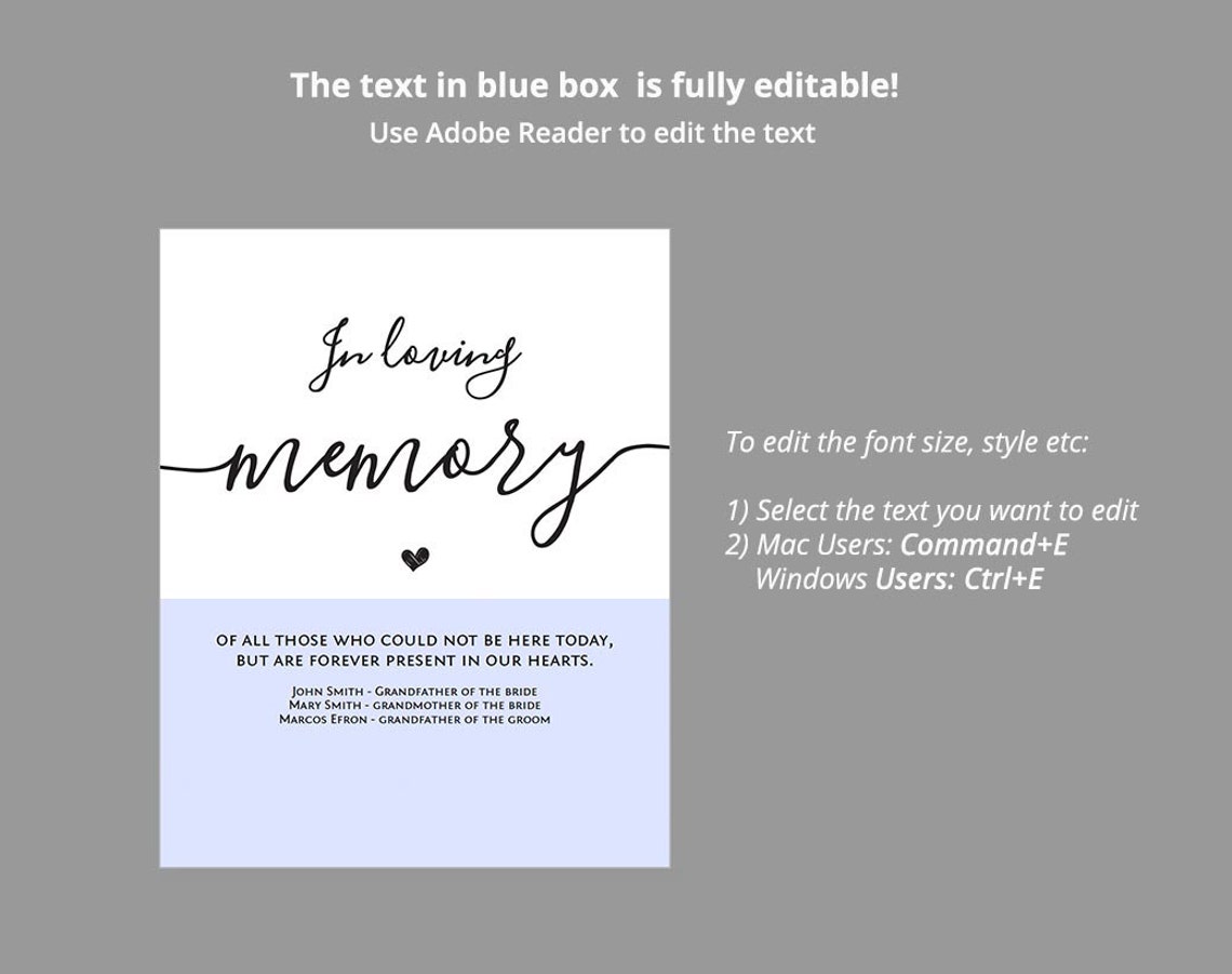 In Loving Memory, Printable Wedding Memorial Table Sign, Memory Sign ...