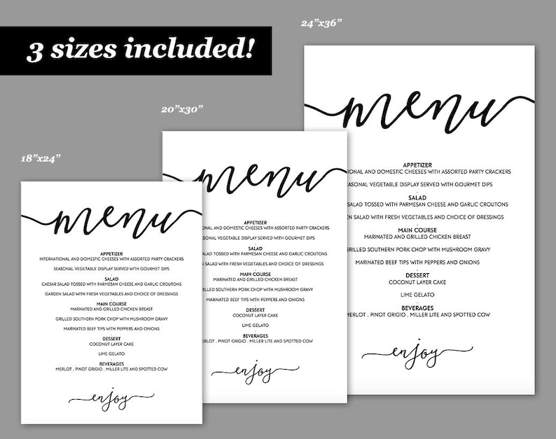 3 Sizes Wedding Menu Sign Template Printable Wedding Menu | Etsy