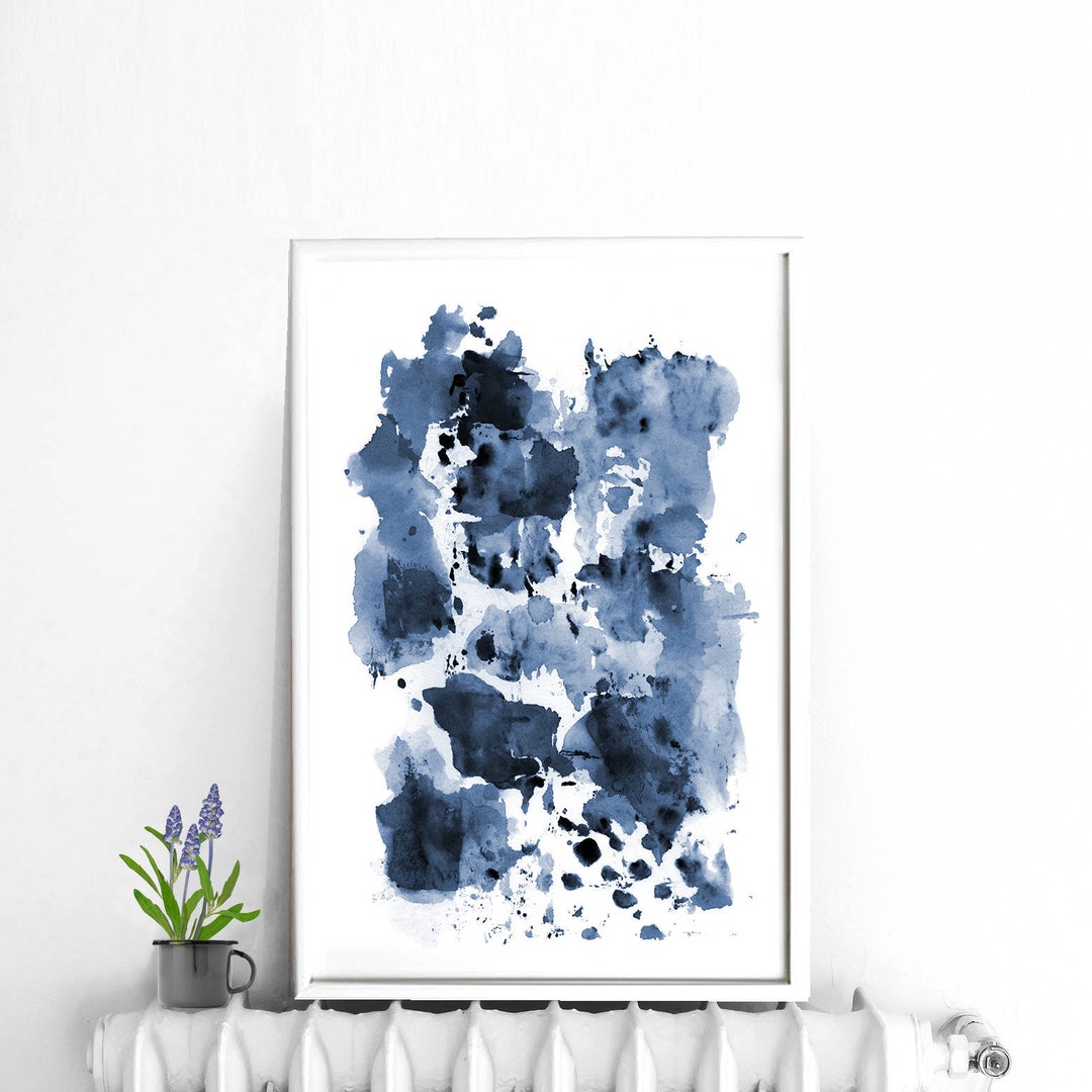 Navy Wall Art, Abstract Watercolor Painting, Large Digital Painting ...