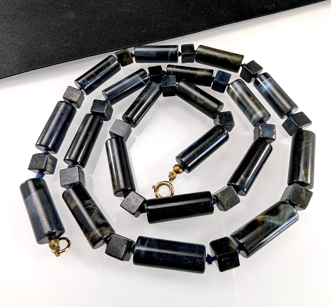 Vintage Blue Gemstone Bead Necklace - Hawk's Eye - Cylinder Tube Beads ...