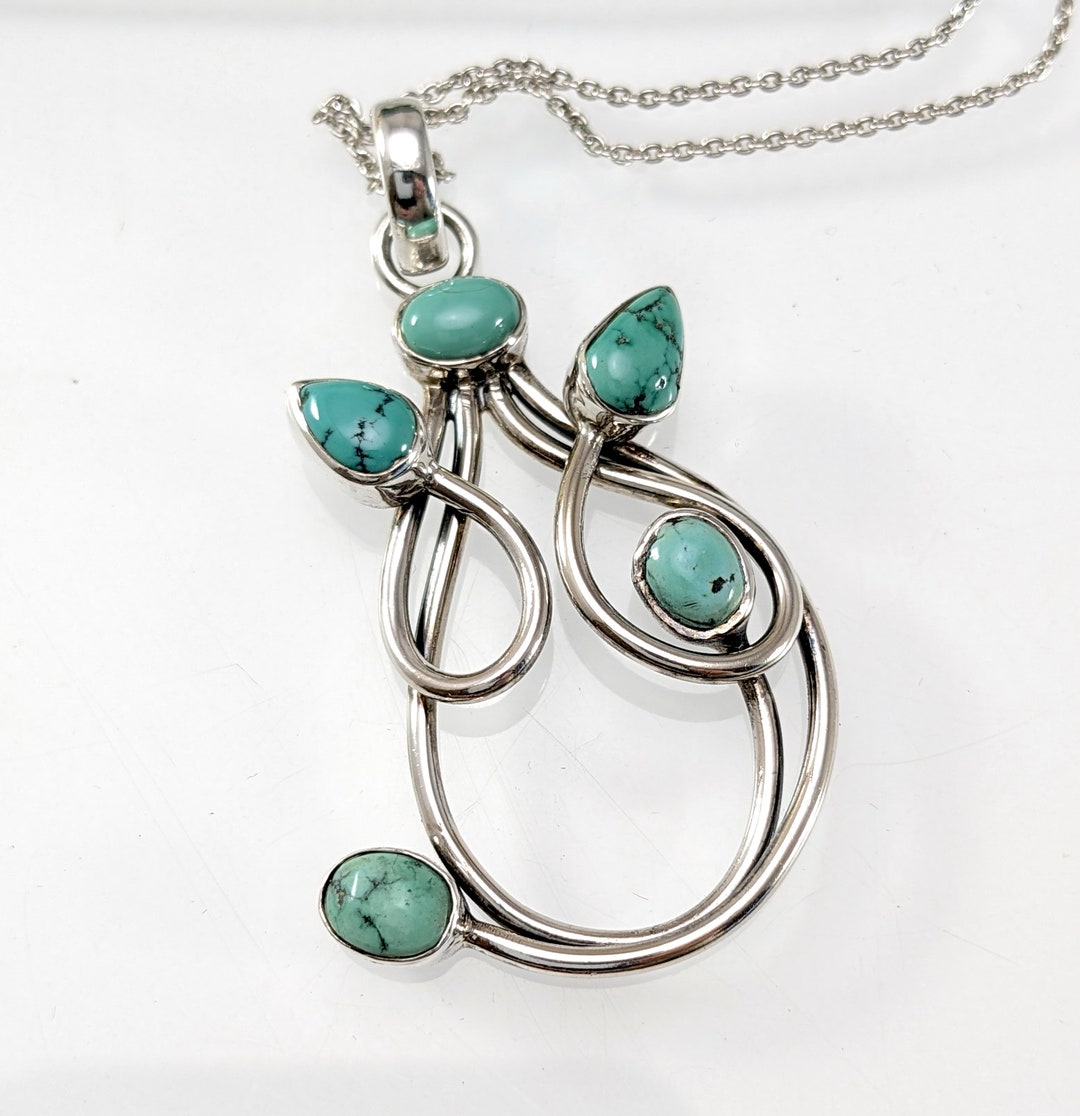 Vintage Turquoise Pendant Chain Necklace Sterling Silver Large 925 - Etsy
