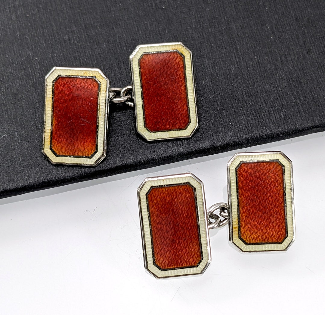 Art Deco Silver Guilloche Enamel Cufflinks Chain Link - Etsy UK