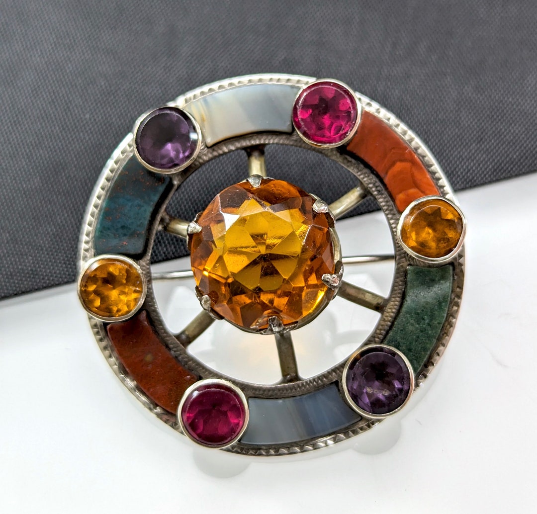 Large Antique Scottish Agate Specimen Brooch - Silver & Glass - Jasper ...