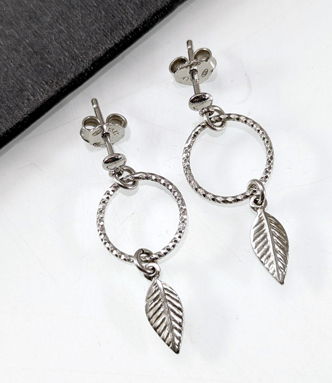 Sterling Silver Hoop Leaf Feather Drop Earrings Dyadema Italy - Etsy