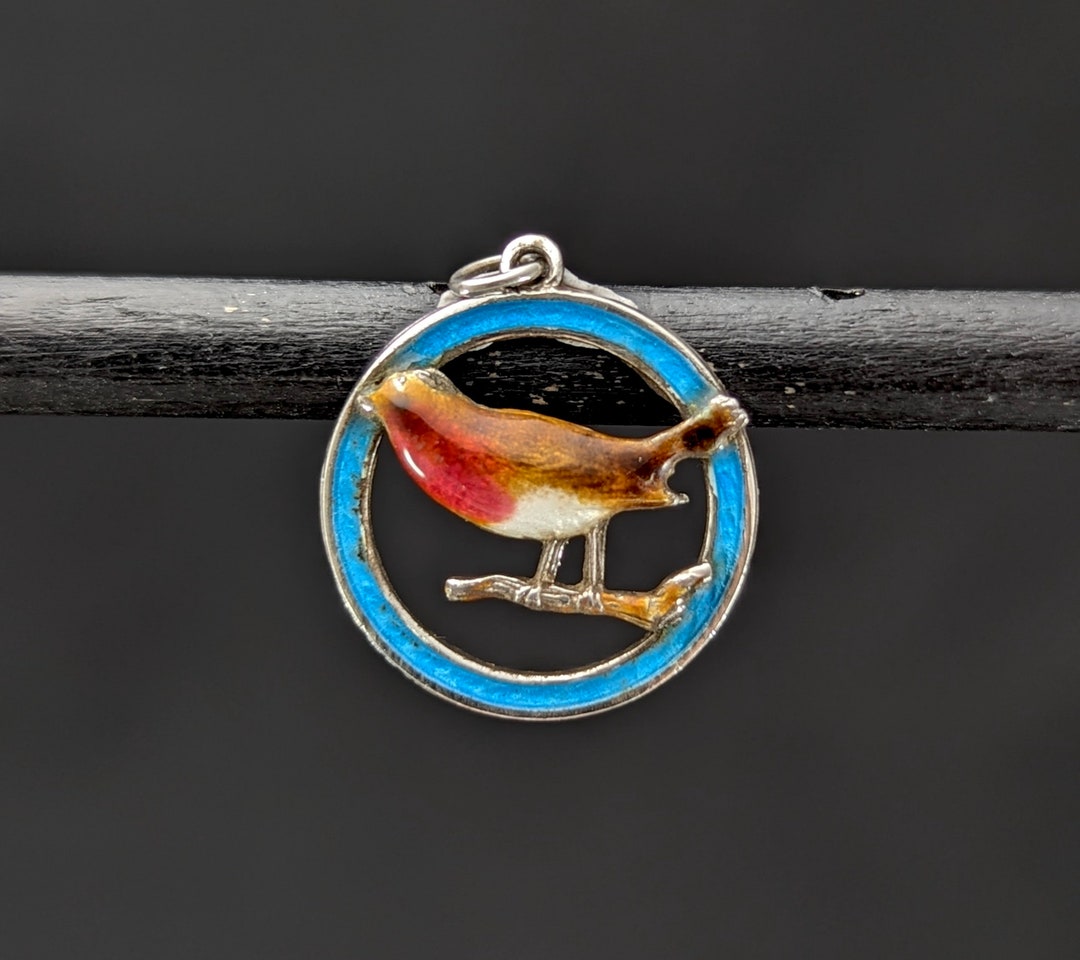 Art Deco Silver Enamel Robin Bird Charm Pendant Hallmarked Antique ...