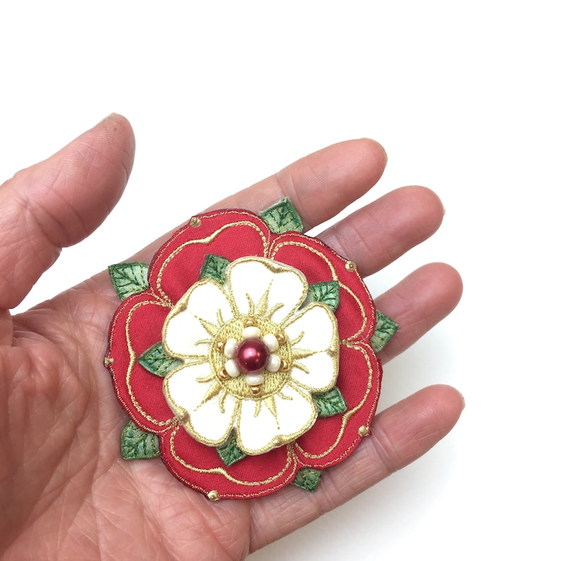 Tudor Rose Brooch Fabric Rose Brooch Red and White Rose - Etsy UK