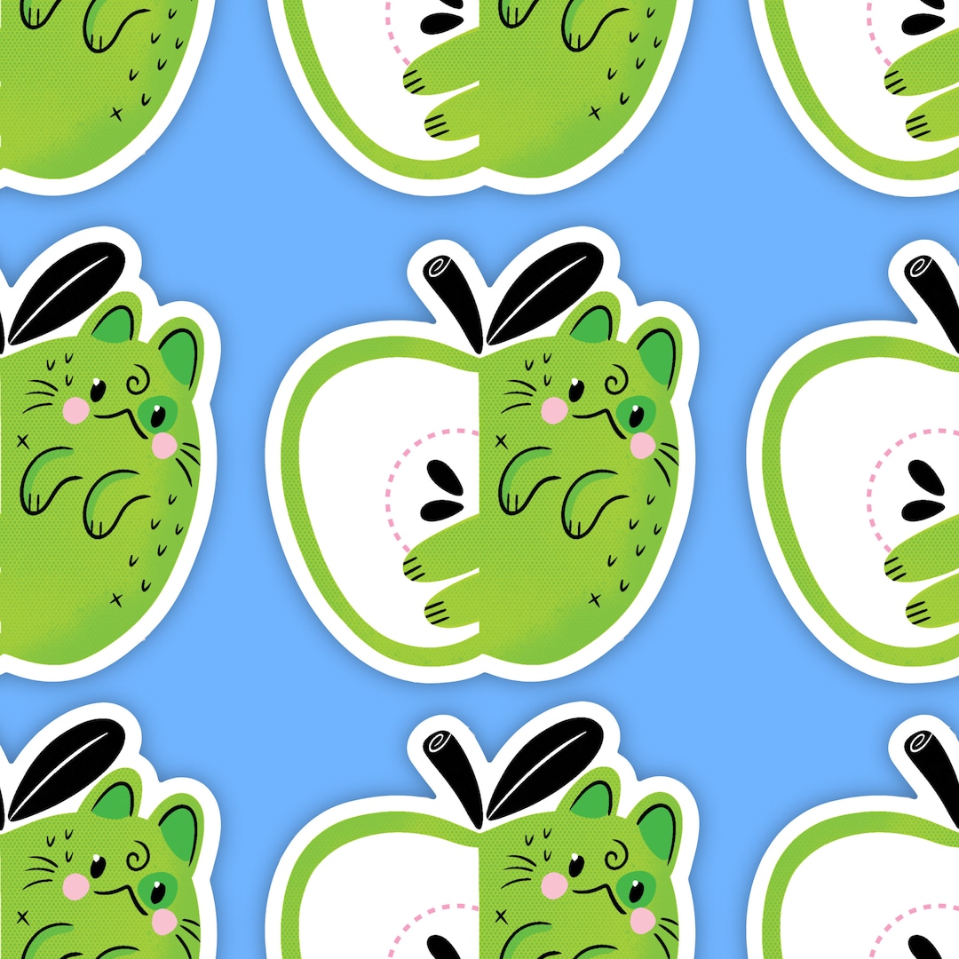Green Apple Cat Die Cut Vinyl Sticker - Etsy