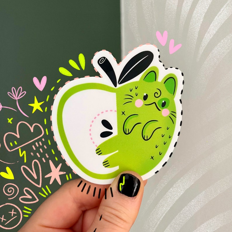 Green Apple Cat Die Cut Vinyl Sticker - Etsy