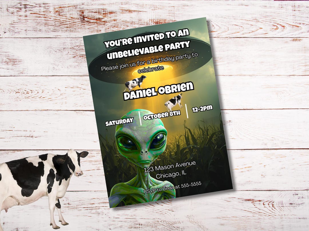Editable Canva Alien UFO Outer Space Little Green Men Birthday Party ...