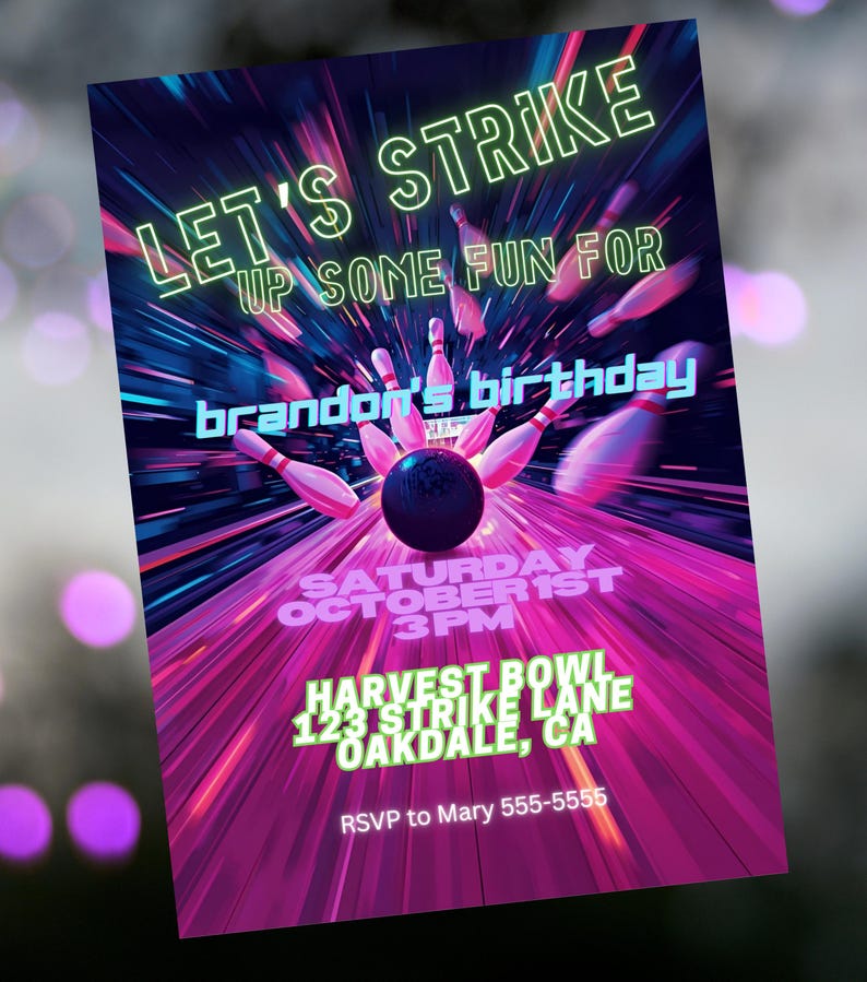 Editable Bowling Birthday Invitation, Glow Bowling Invitation, Neon ...