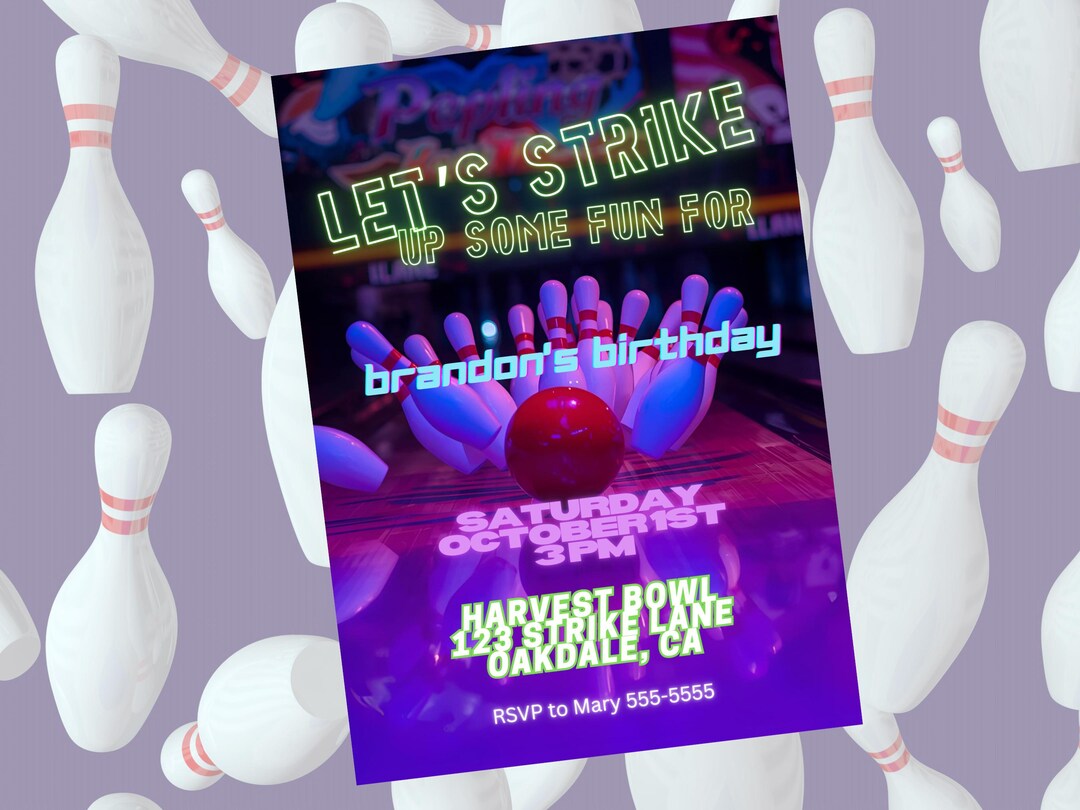 Editable Bowling Birthday Invitation, Glow Bowling Invitation, Neon ...
