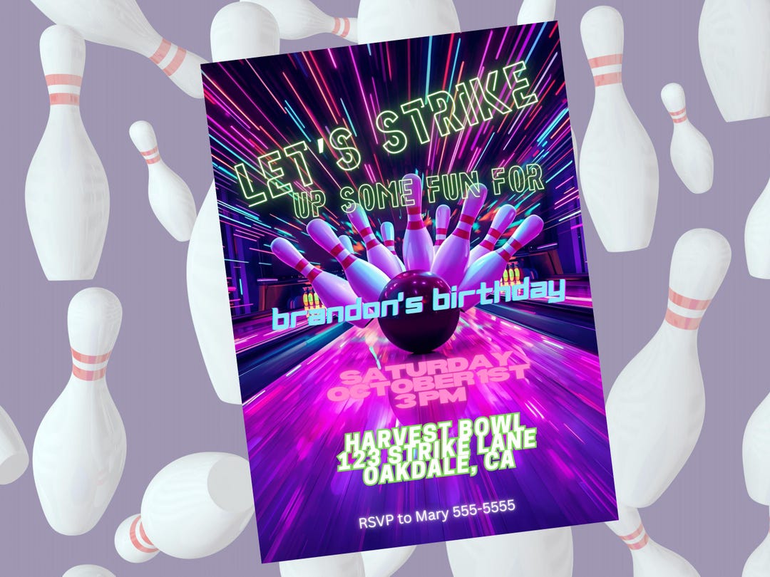 Editable Bowling Birthday Invitation, Glow Bowling Invitation, Neon ...