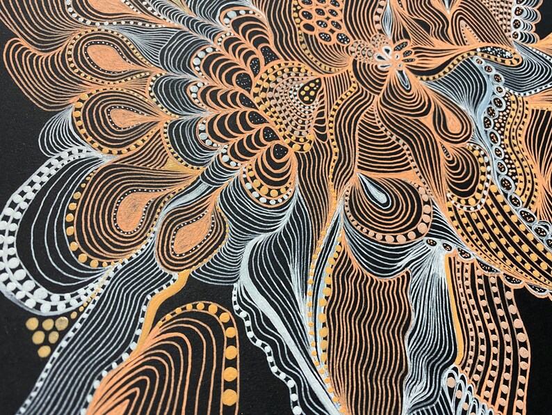 Unique Original Abstract Line Art Piece. Orange, White on Black Paper ...