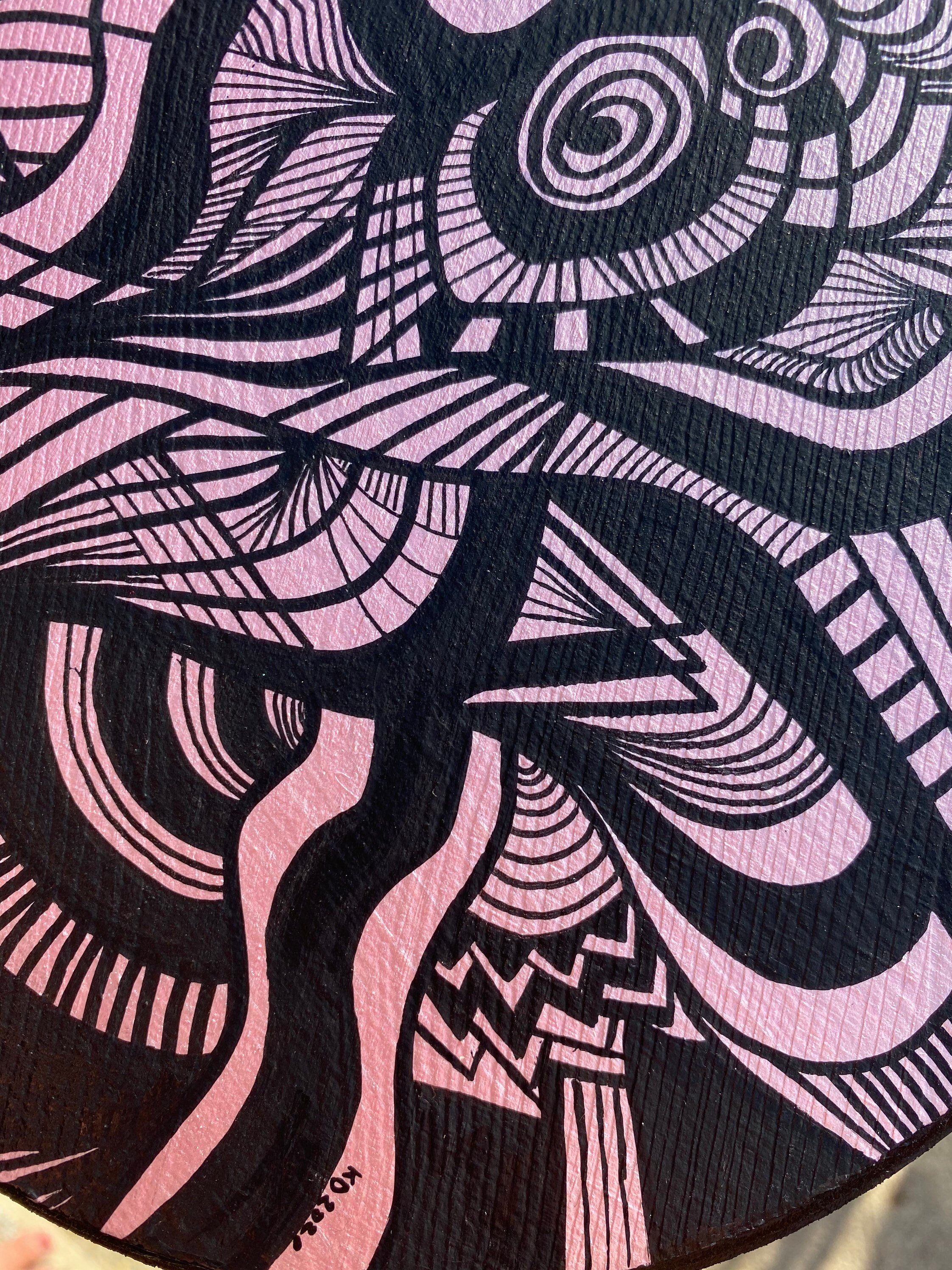 Metallic Light Pink and Black Ink Unique Trippy Line Art Design on Wood ...