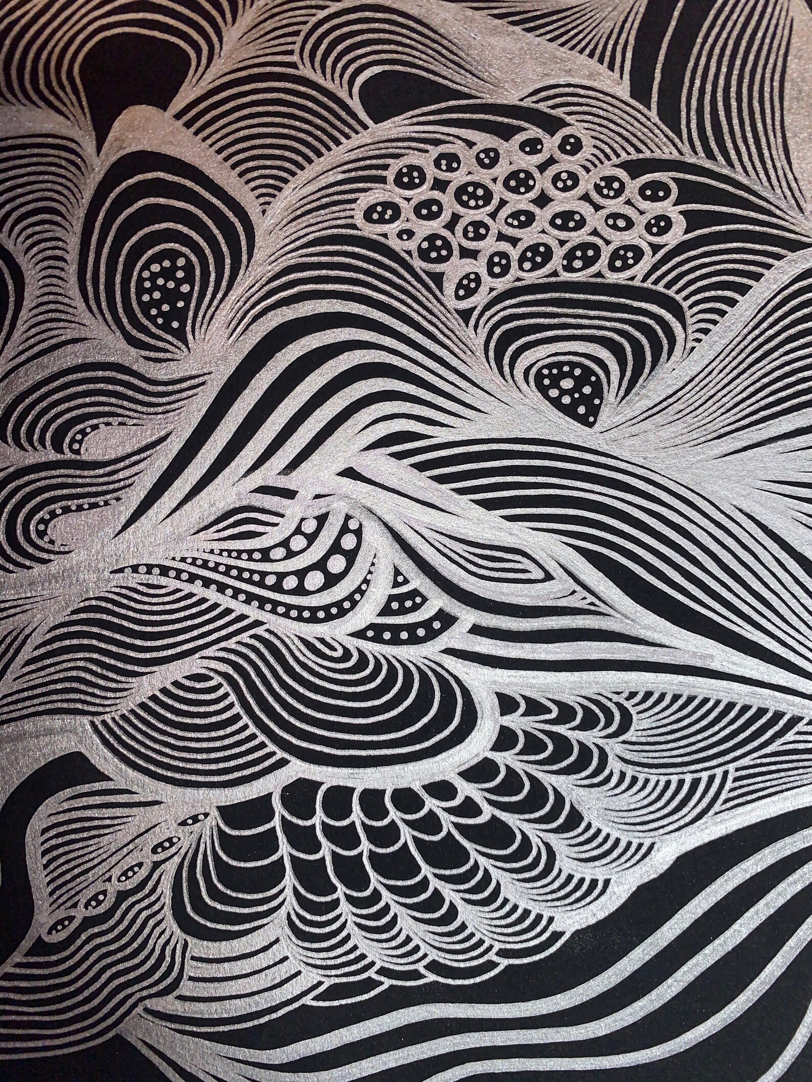 Metallic Silver Unique Freehand Original Art Work . Silver on Black ...