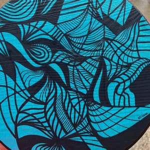 Metallic Teal With Black Ink Design on Wood Artwork Unique Line Art ...