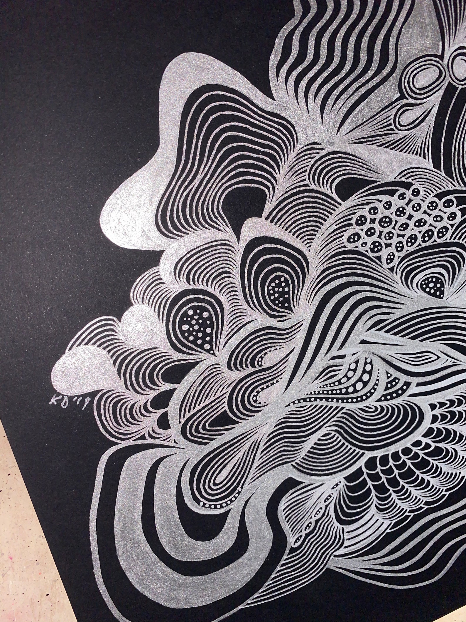 Metallic Silver Unique Freehand Original Art Work . Silver on Black ...