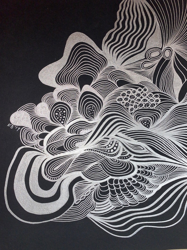 Metallic Silver Unique Freehand Original Art Work . Silver on Black ...