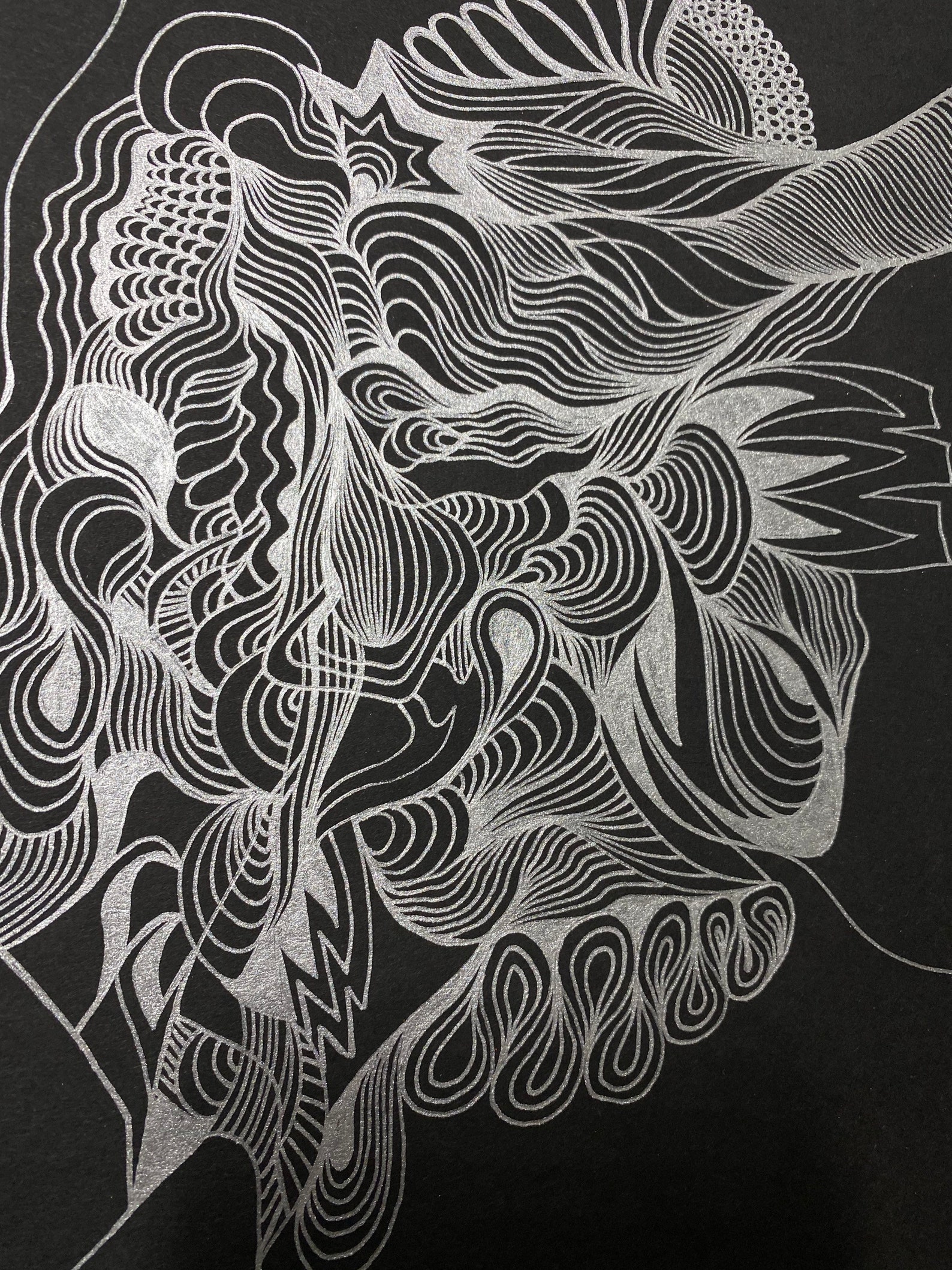 Silver Metallic Gel Pen Line Design Artwork on Black Paper - Etsy