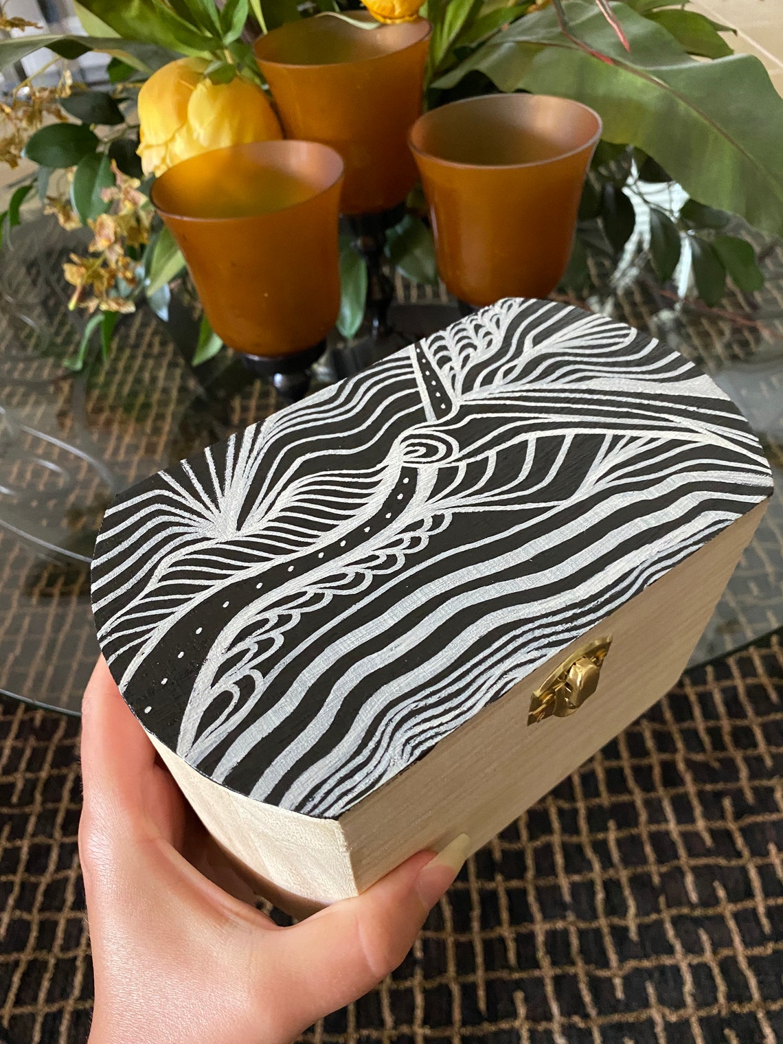 Wood Box With Unique Abstract Line Art Black and White Design - Etsy