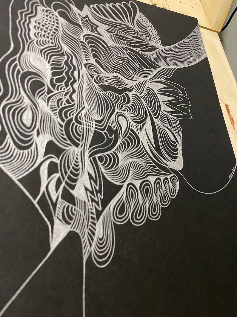 Silver Metallic Gel Pen Line Design Artwork on Black Paper - Etsy