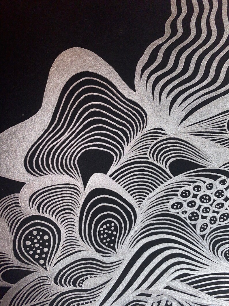 Metallic Silver Unique Freehand Original Art Work . Silver on Black ...