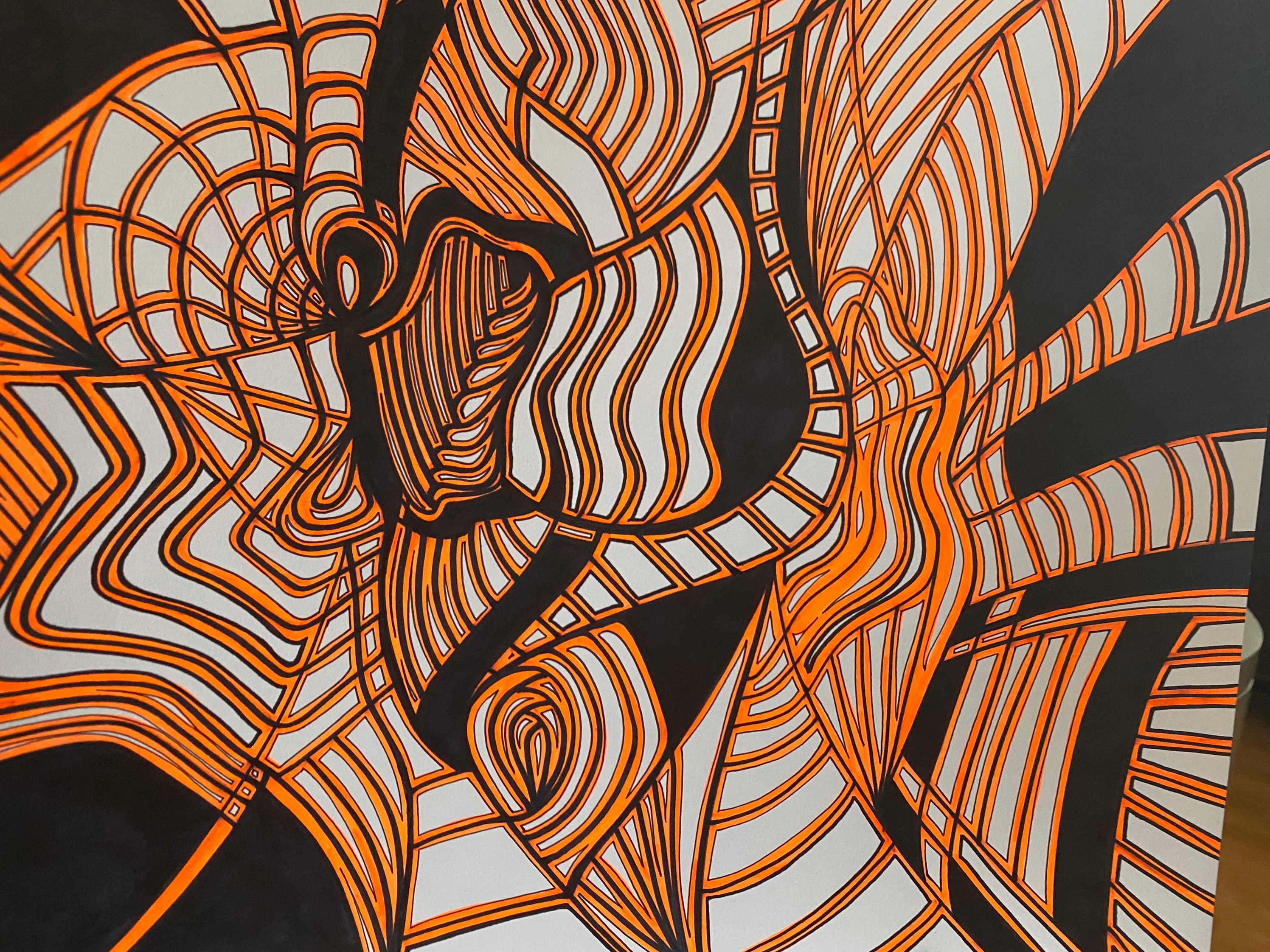 Neon Orange Zen Line Art: Trippy Marker Drawing (14x17in) - Etsy